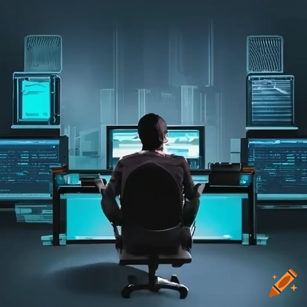 Software developer sitting at a large computer workstation on Craiyon