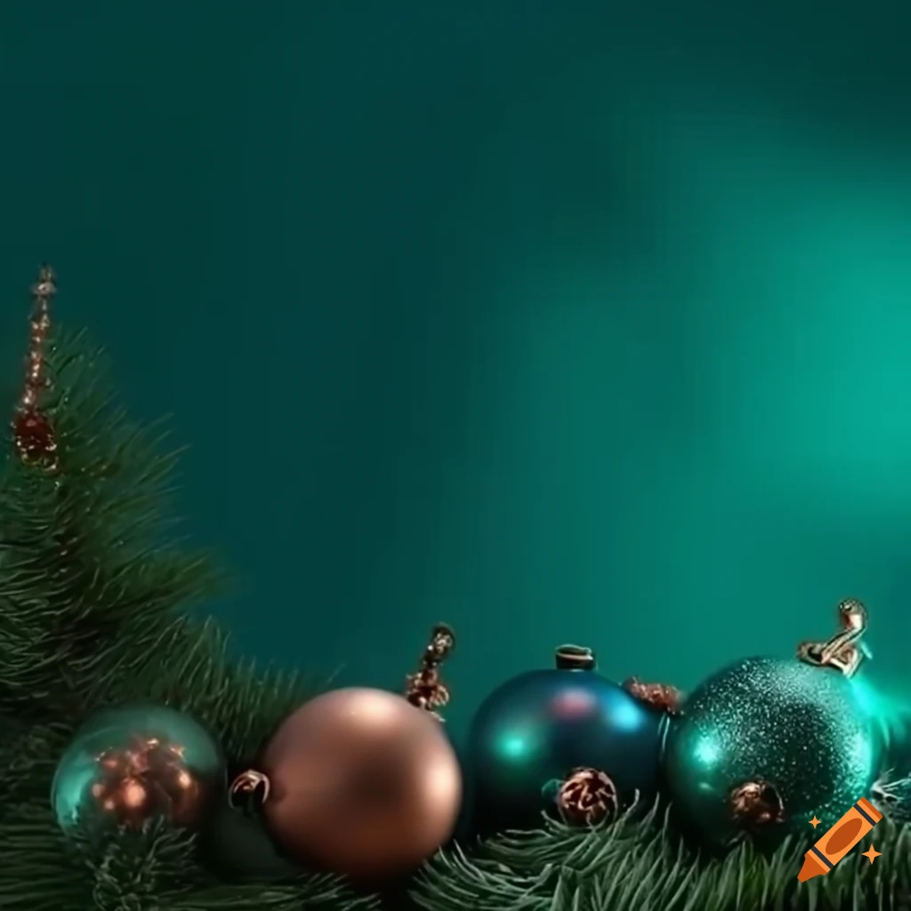 Rustic Christmas border with fresh greens and teal/copper ornaments on ...