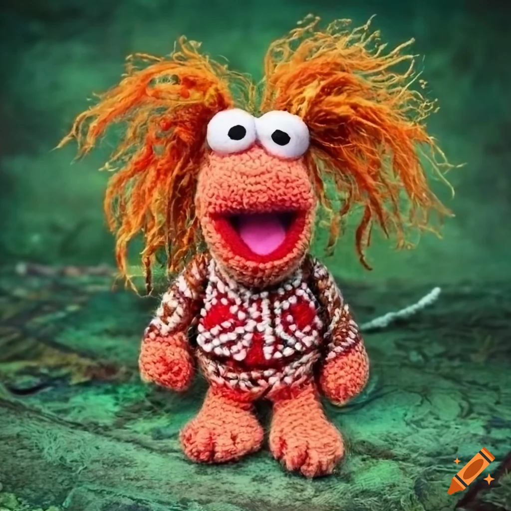 Fraggle Rock muppets crochet plush on green concrete background on Craiyon