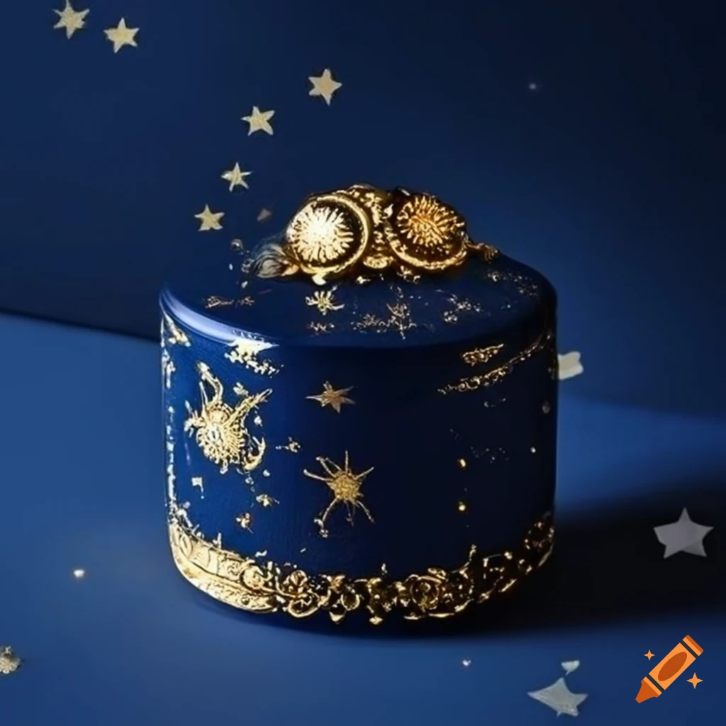 Luxurious makeup box with celestial gold and dark blue motif on Craiyon