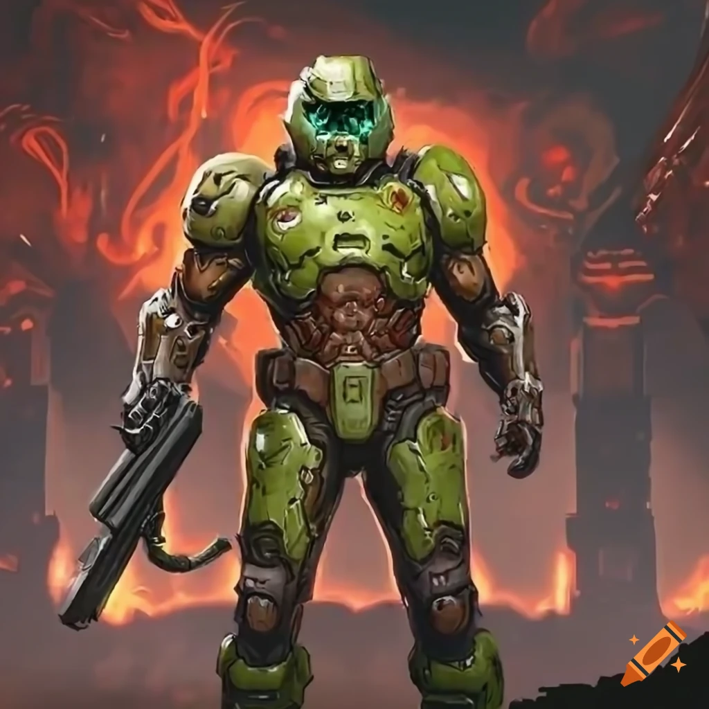 Doom slayer standing at the gate of hell with skulls in a dark ...