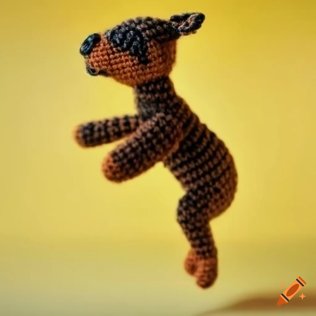 Miniature Pinscher dog breed amigurumi plush toy on yellow concrete ...