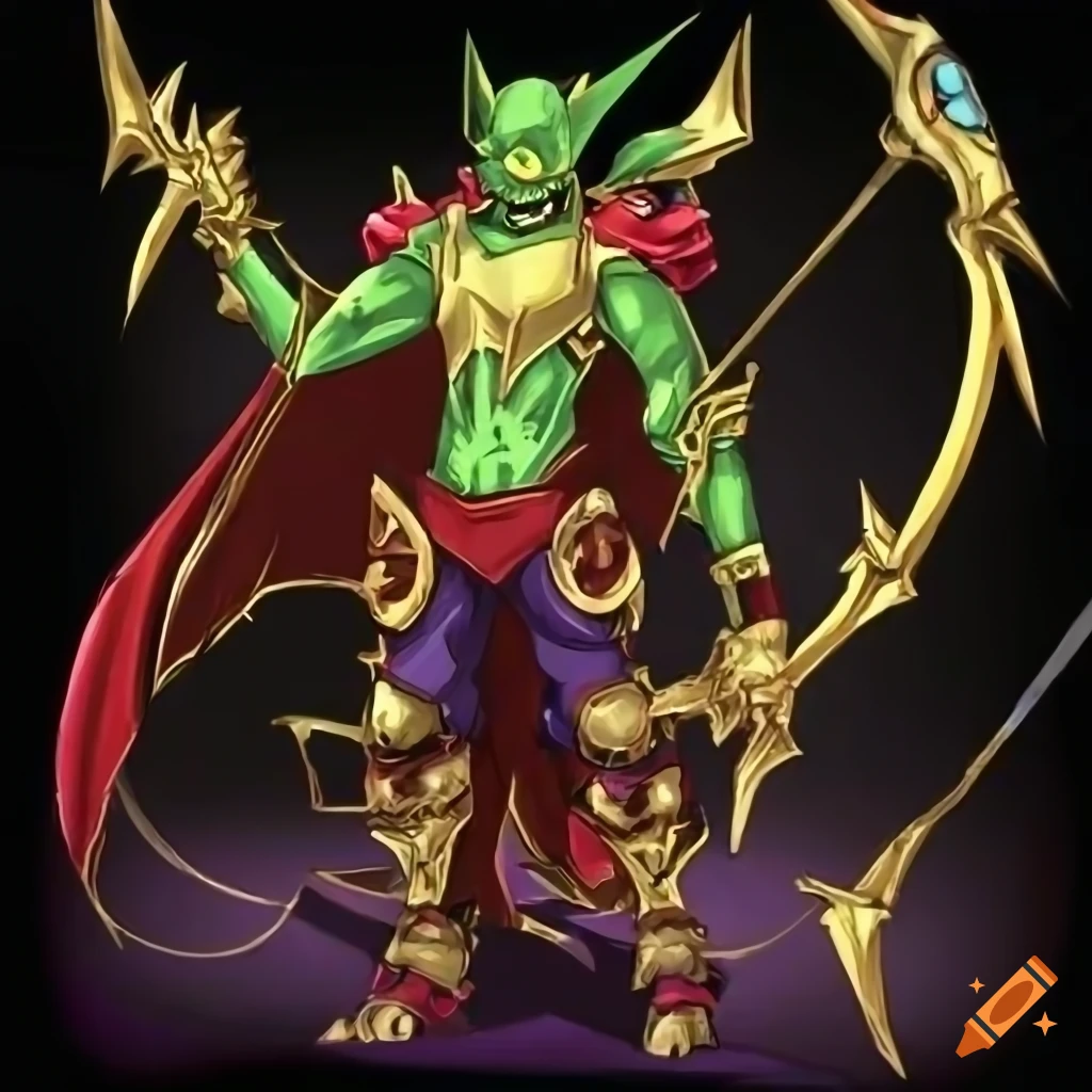 Sophisticated artwork of a green goblin with a golden longbow and ...