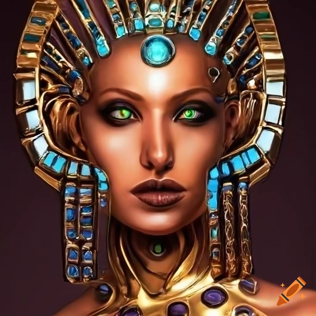 Egyptian menhit goddess with futuristic metal enhancements in a ...