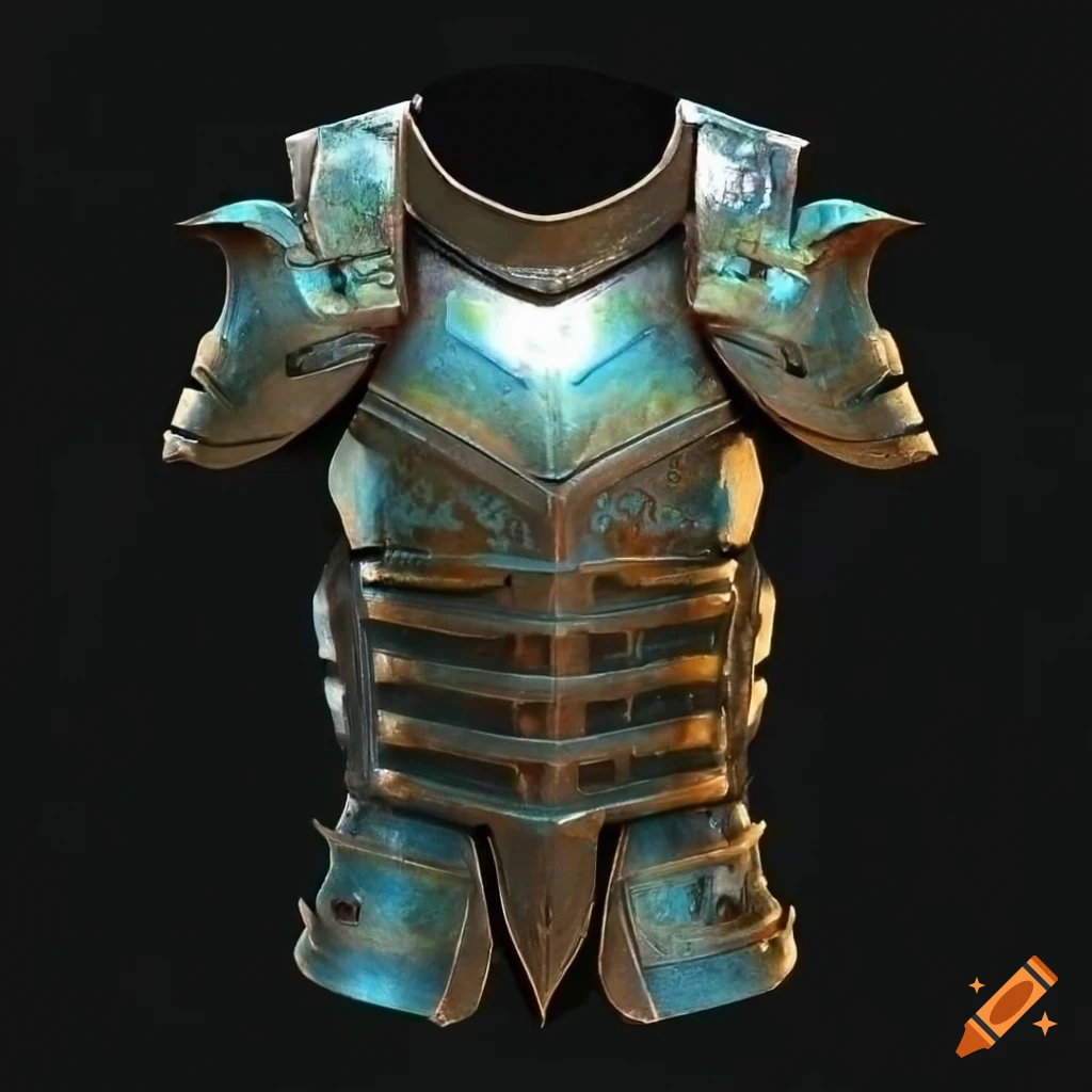 Adorned magic massive heavy body armour in a close-up frontal view on ...