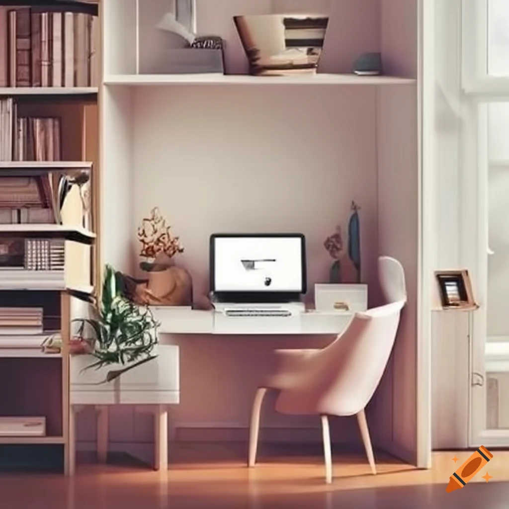 Organized and stylish white and beige study nook design on Craiyon