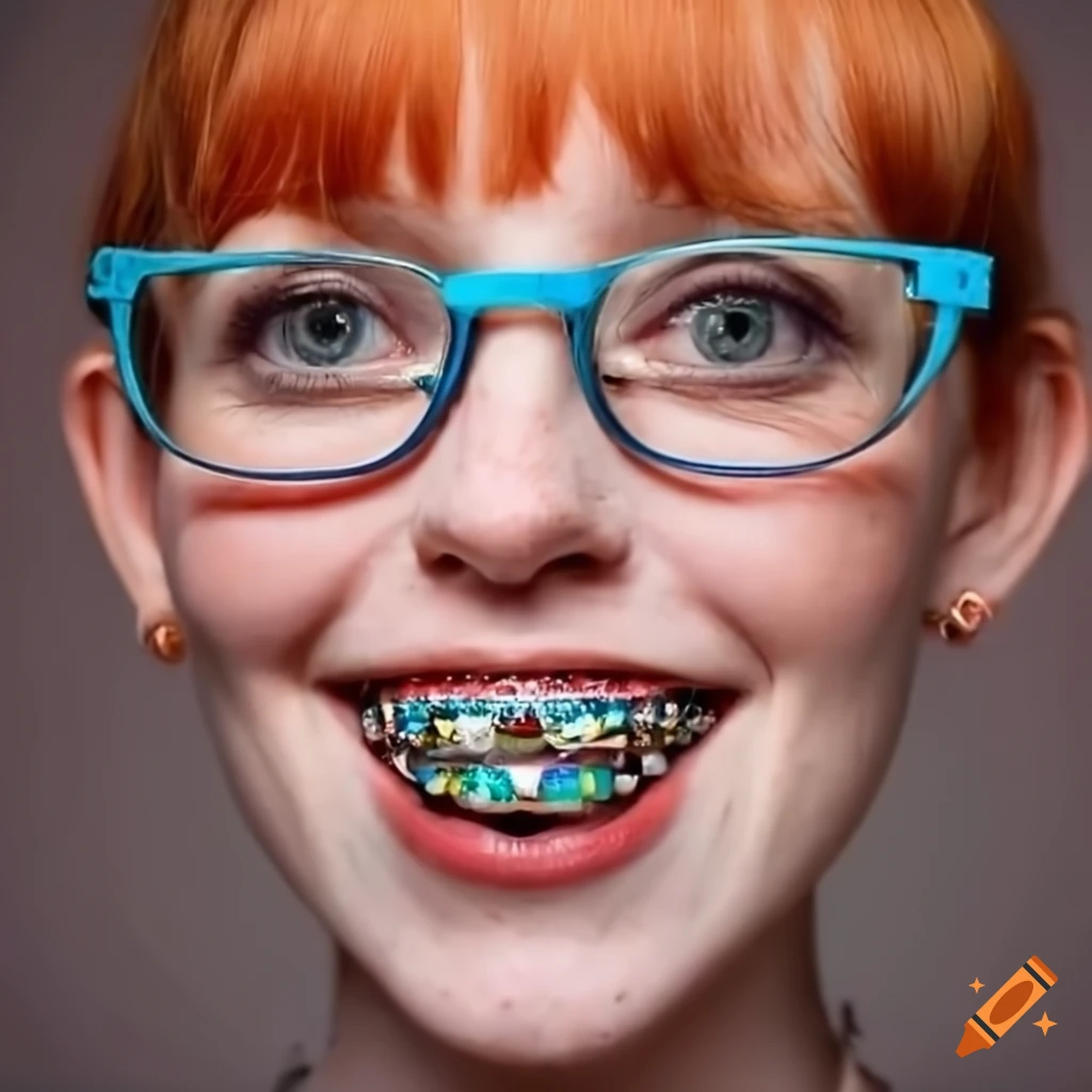 Young transgender woman with red hair, freckles, braces, and glasses on ...