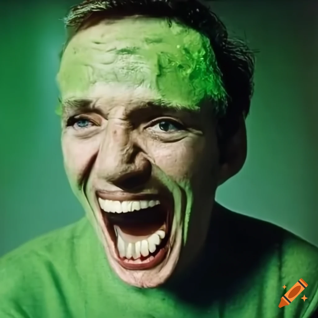 Man with bright green toothpaste covered teeth grinning broadly on Craiyon