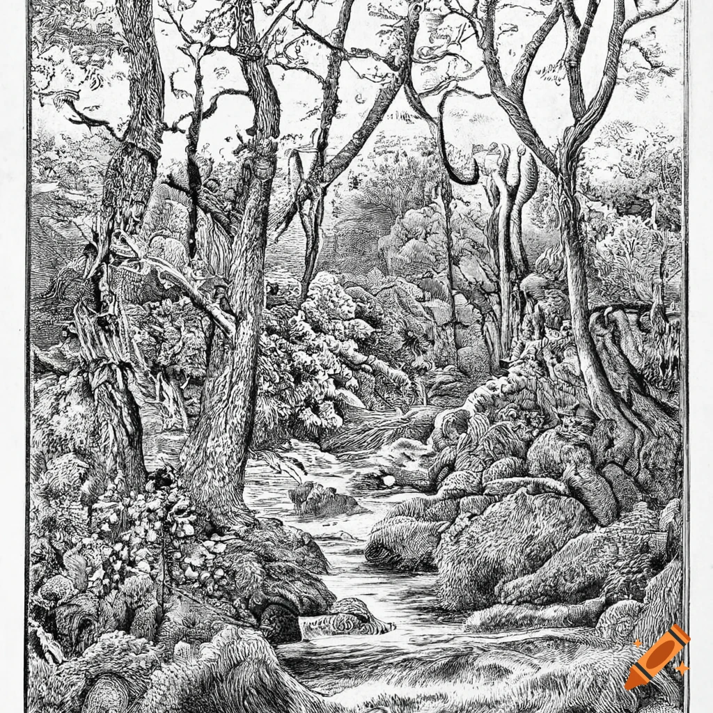 Medieval style black and white pencil drawing of a forest by a river on ...