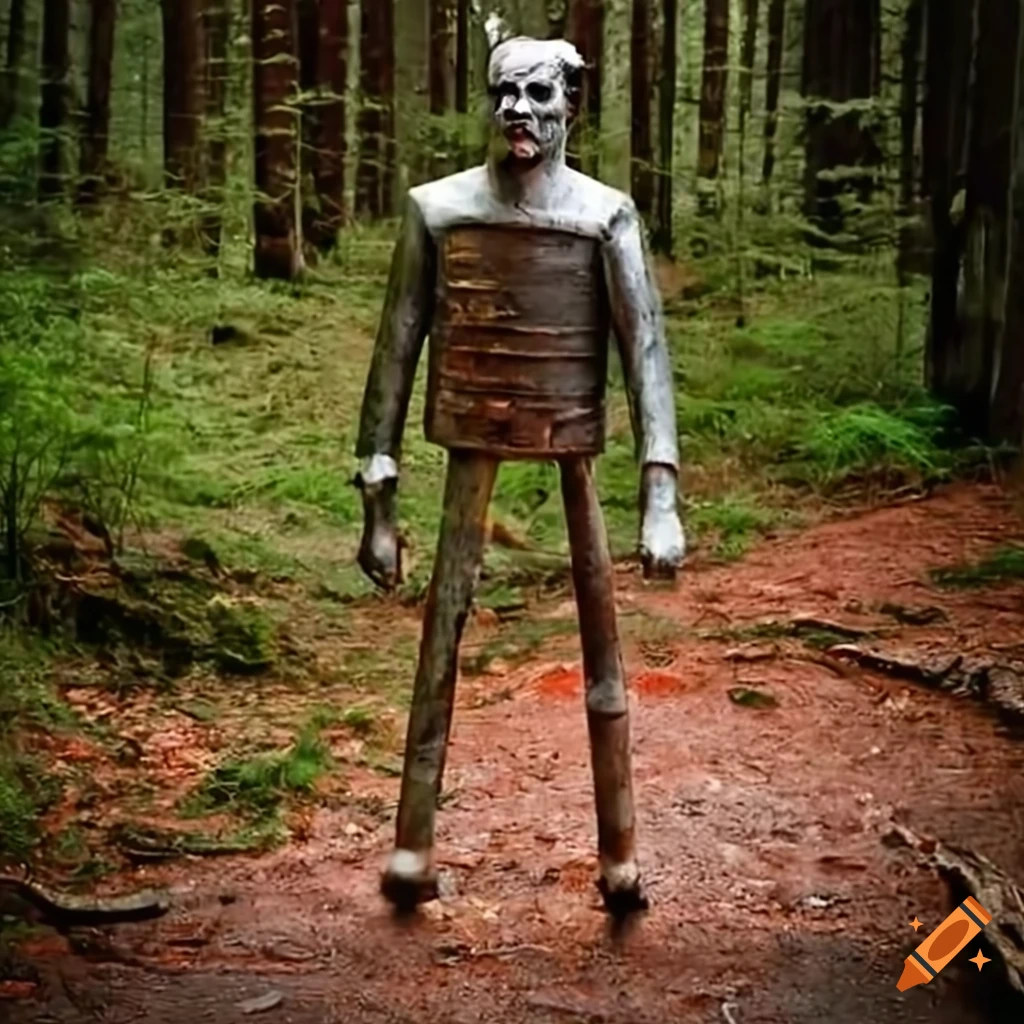 Terrifying rusted tin man monster with an axe in an abandoned yellow ...