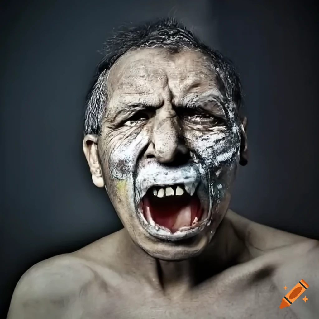 Portrait of an angry person with silver spray-painted mouth on Craiyon