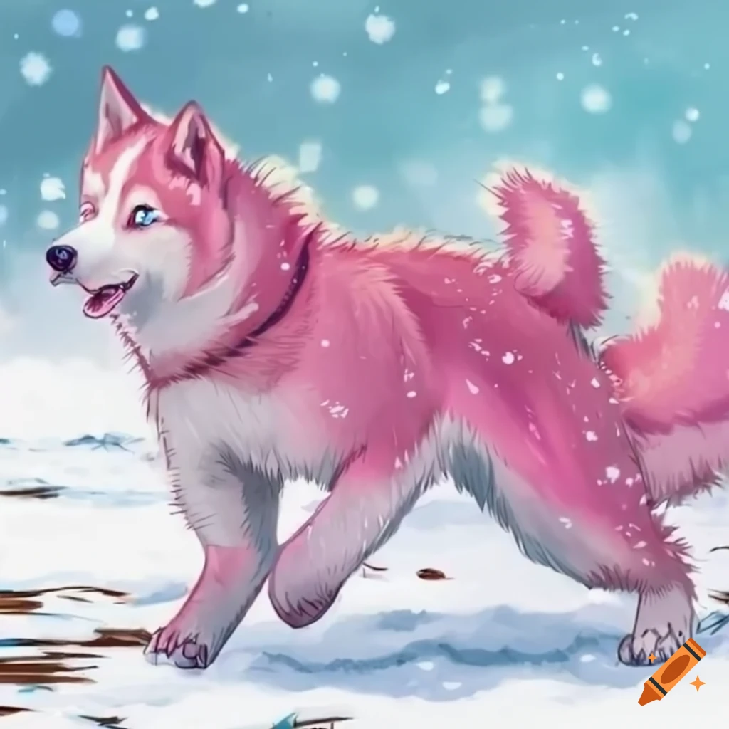 Adorable pink husky playing in the snow in anime style on Craiyon