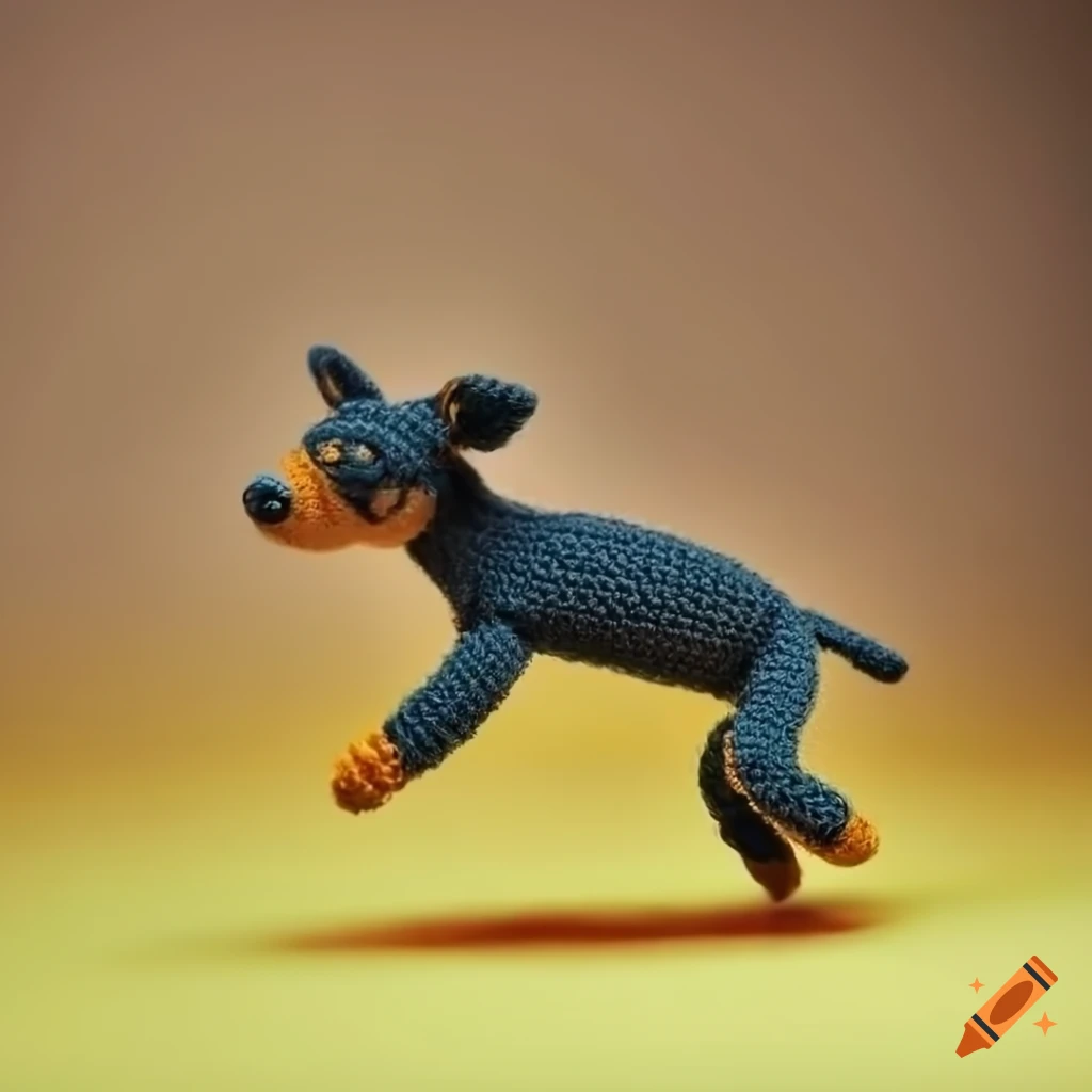 Miniature Pinscher dog breed amigurumi plush toy on a yellow concrete ...