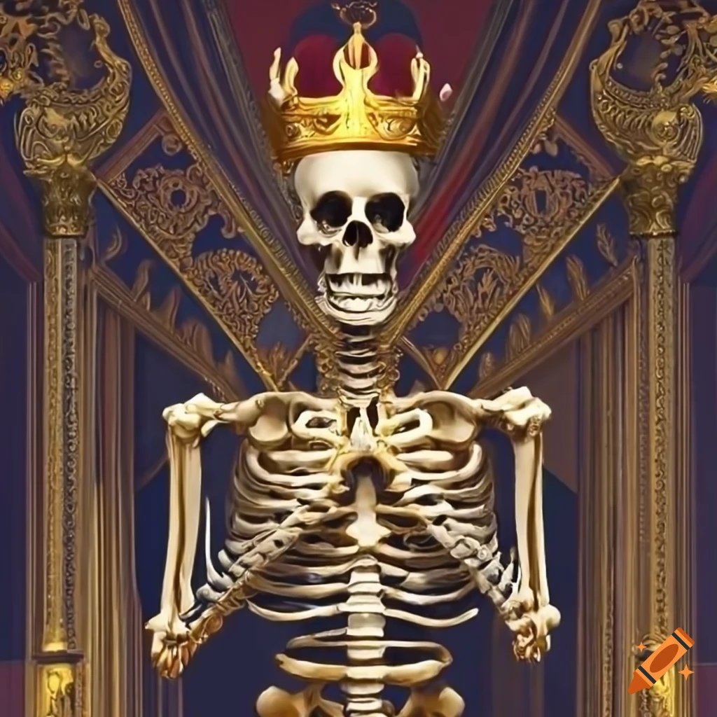 Royal skeleton with golden crown and scepter in a throne room on Craiyon
