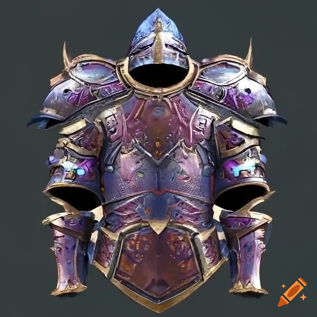 Close-up of ornate heavy body armor from the front view on Craiyon