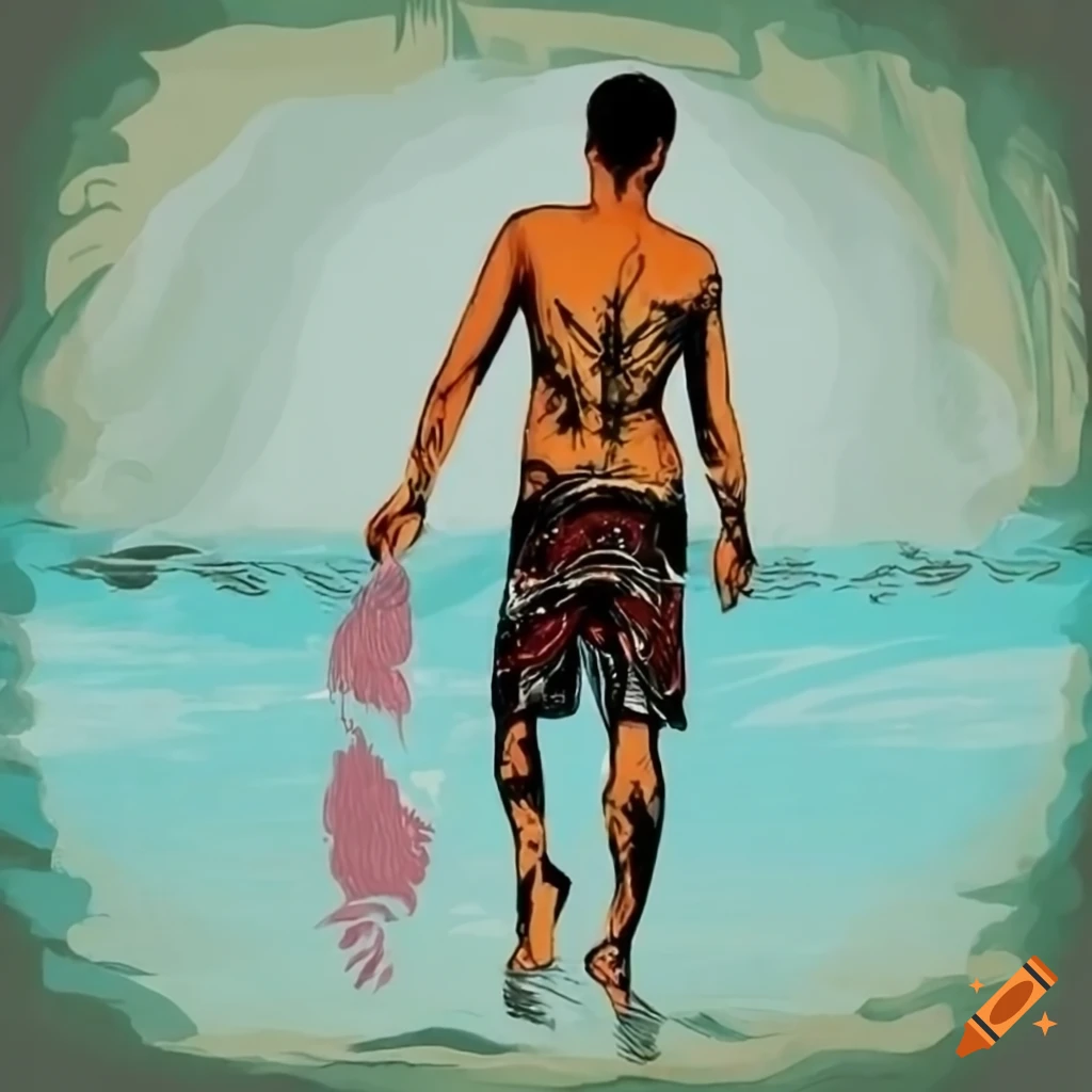 Man entering river in artistic tattoo style on Craiyon