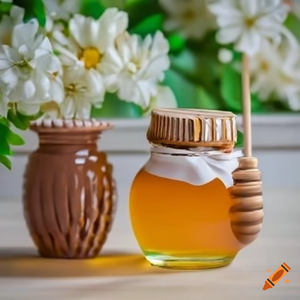 Stylish honey jar with elegant label surrounded by blooming flowers and ...