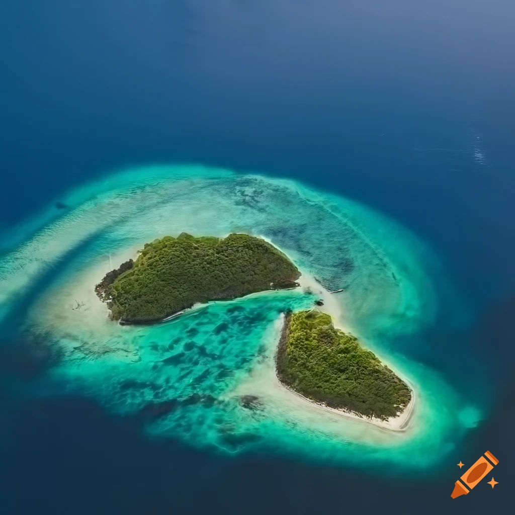 Aerial view of archipelago with ten islands, each with victorian style ...