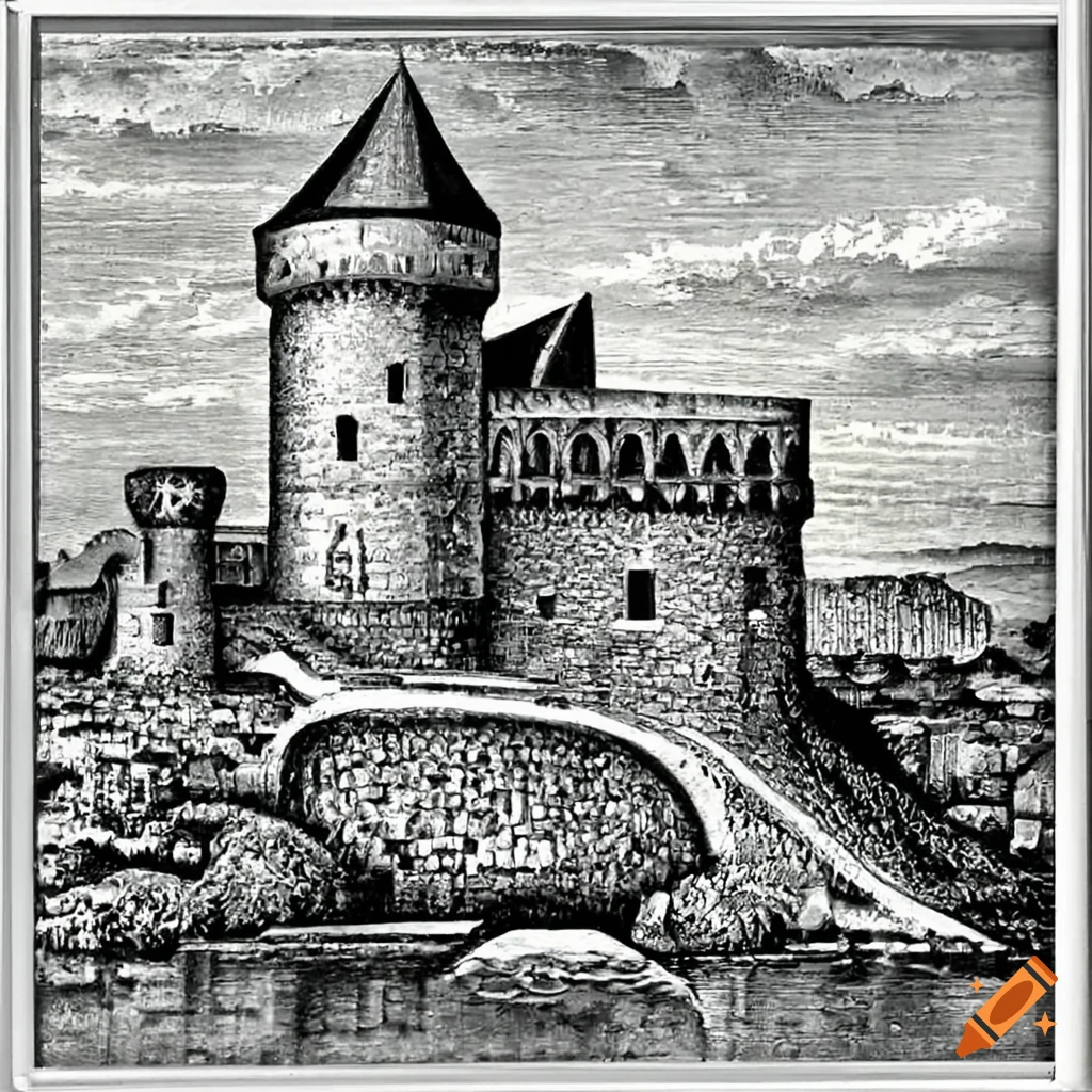 Black and white medieval fortress by the river in a pencil drawing ...