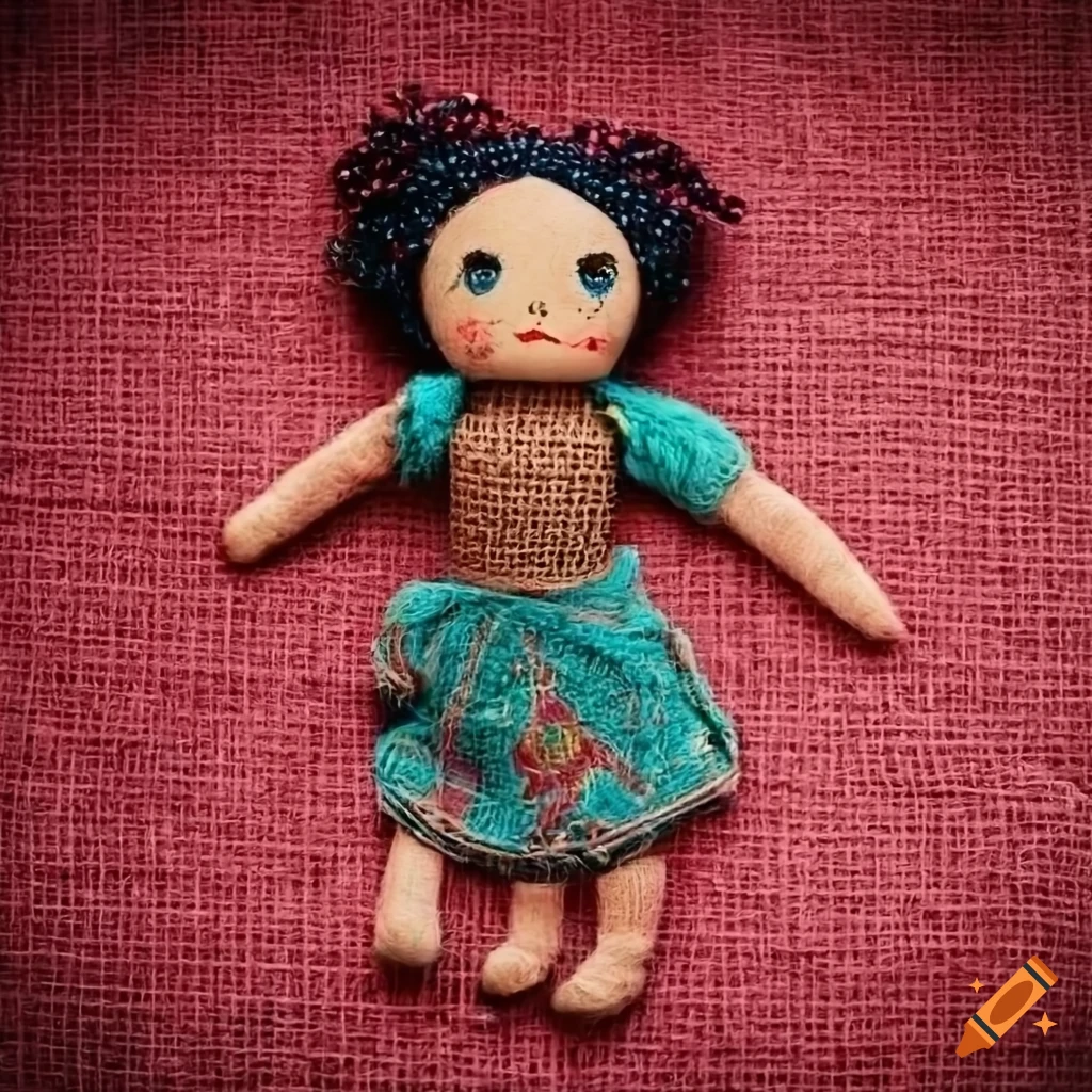 Cute rag dolls on colorful fabric against a concrete background on Craiyon