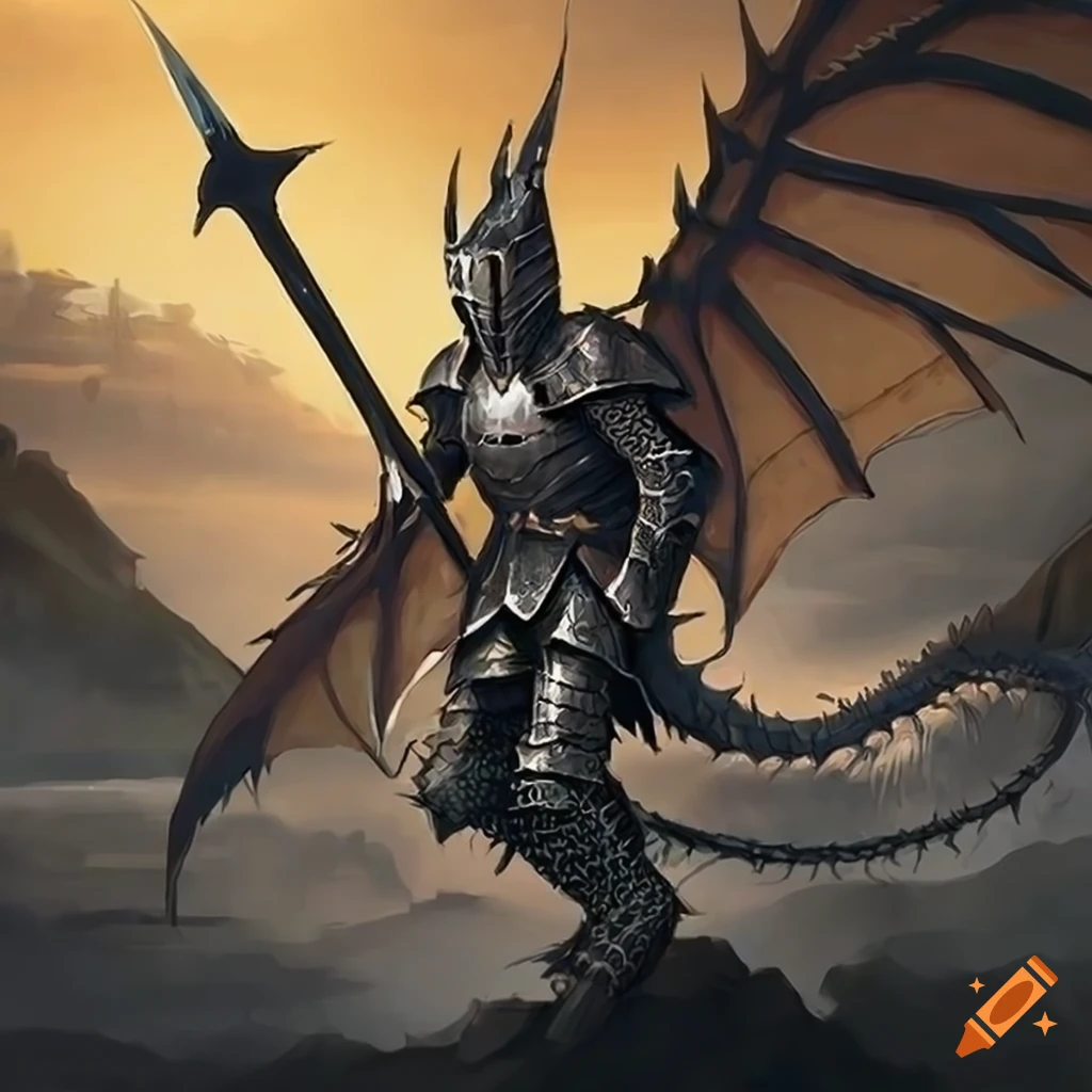 Armored knight riding a wyvern dragon with a barbed spear on Craiyon
