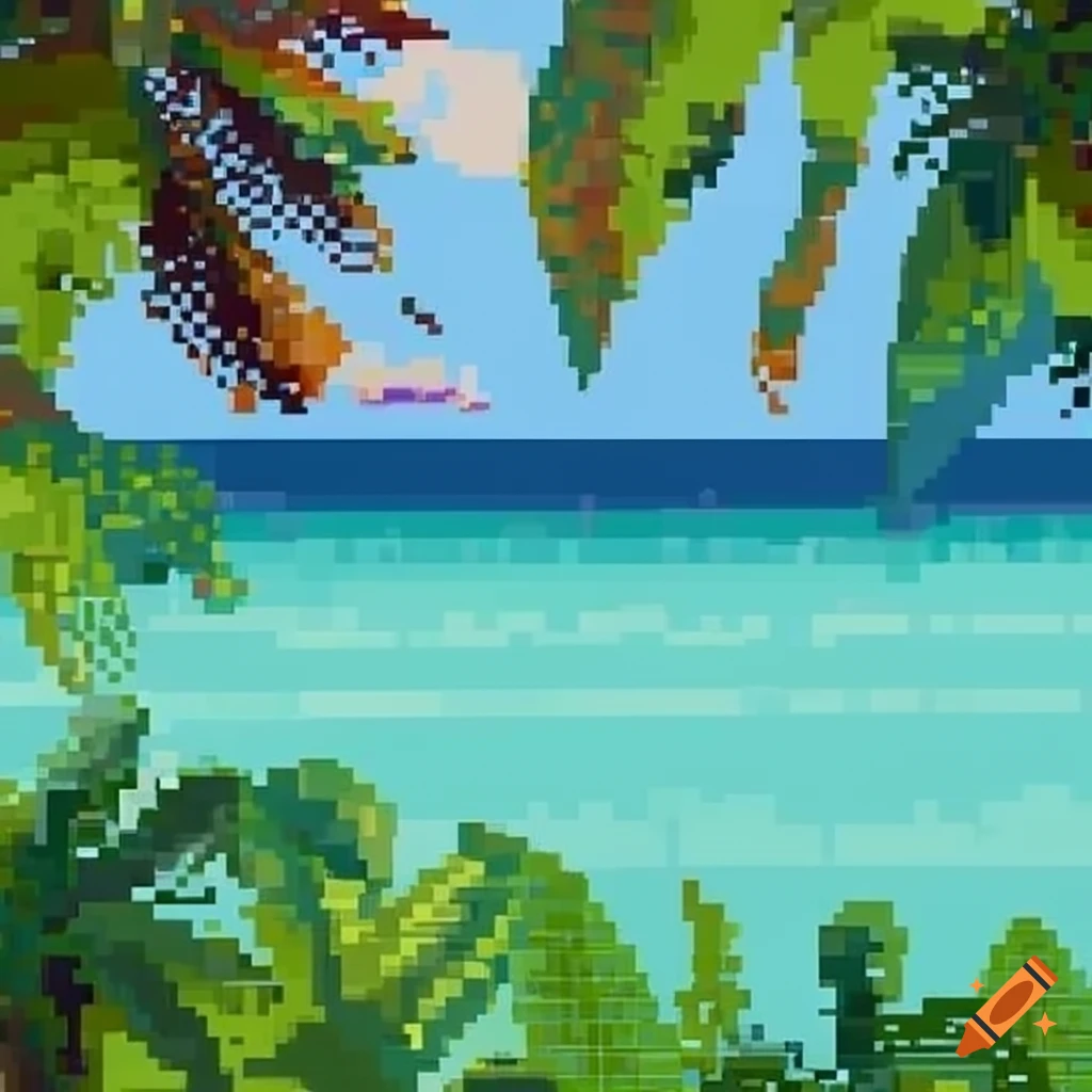 Pixel art tropical paradise with beaches, jungles, and animals on Craiyon