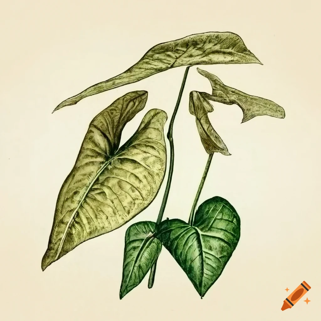 Detailed vintage illustration of syngonium podophyllum plant in ...