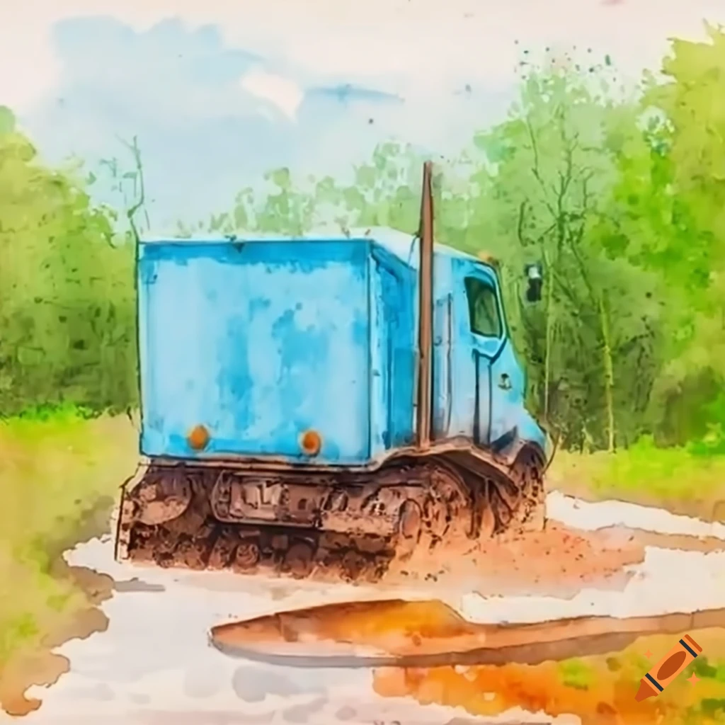 Semi-tracked light blue vehicle driving on a dirt road with splashes on ...