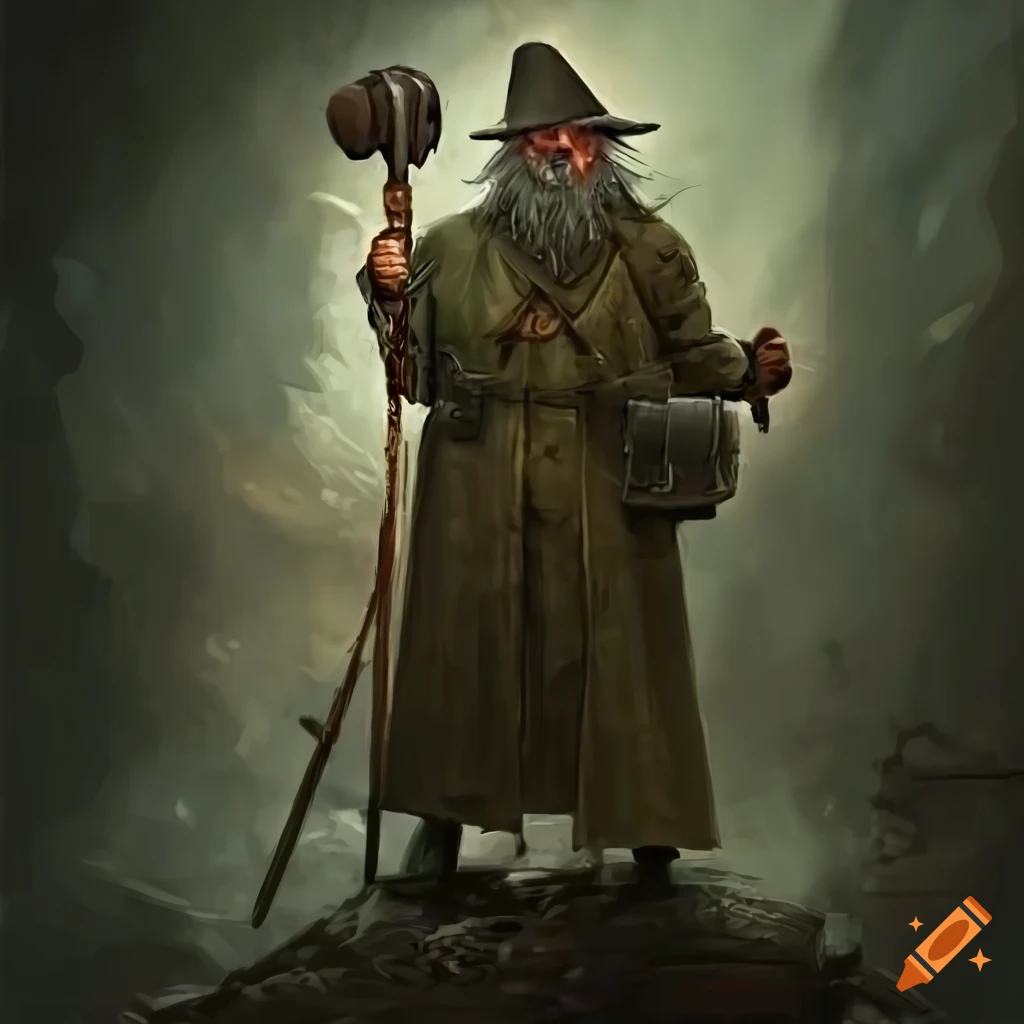 Wizard in a WW2 trench with a dieselpunk walking stick on Craiyon
