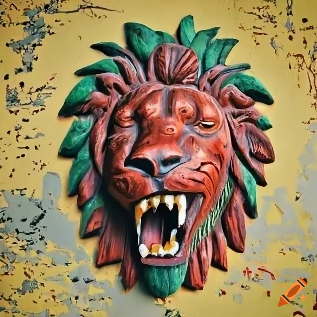 Red and green laughing lion on yellow waxed background in Abyssian ...