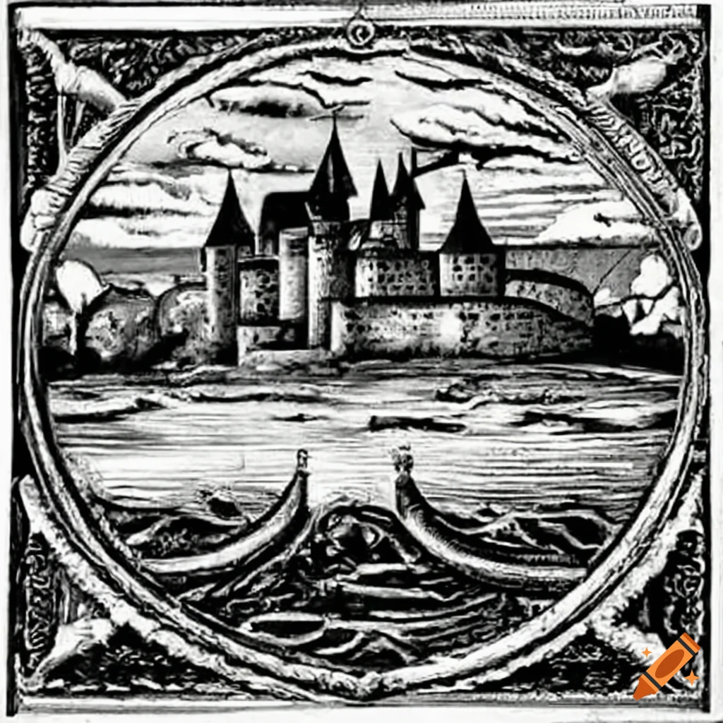 Black and white medieval fortress by the river in a pencil drawing ...