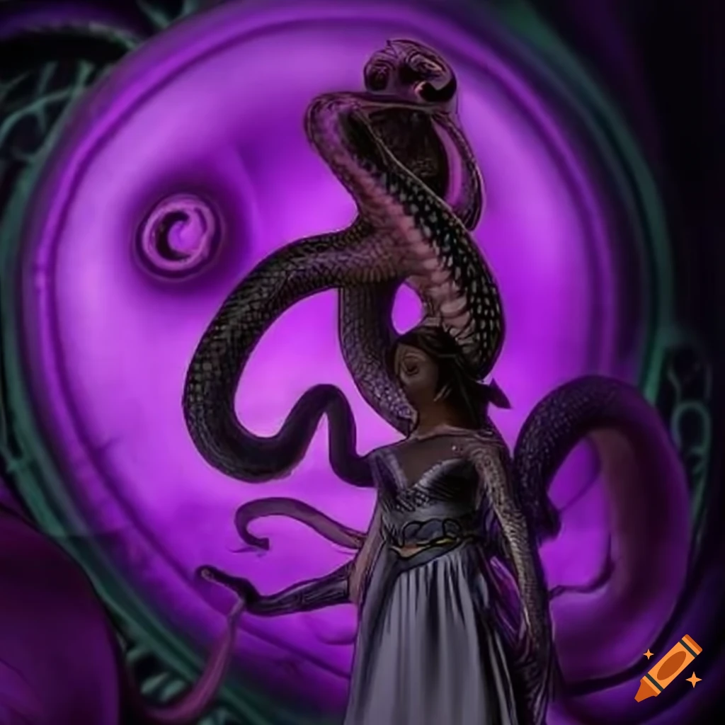 Female character summoning winged snakes and a purple kraken in a noir ...