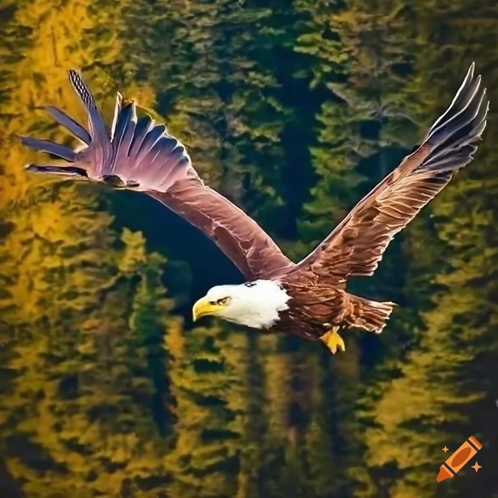 Bird's eye view of an eagle flying over a forest, mountains, and lake ...