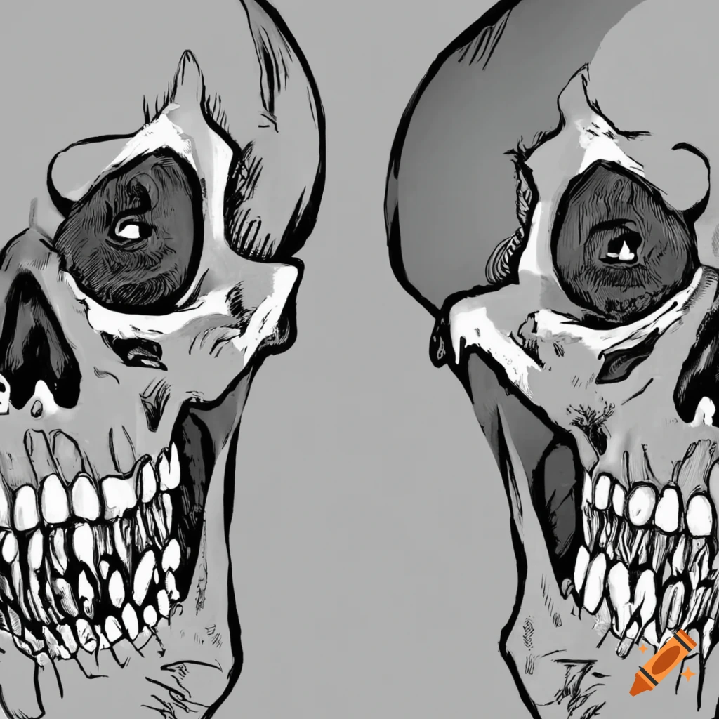 Two ominous skulls baring teeth and looking away on Craiyon