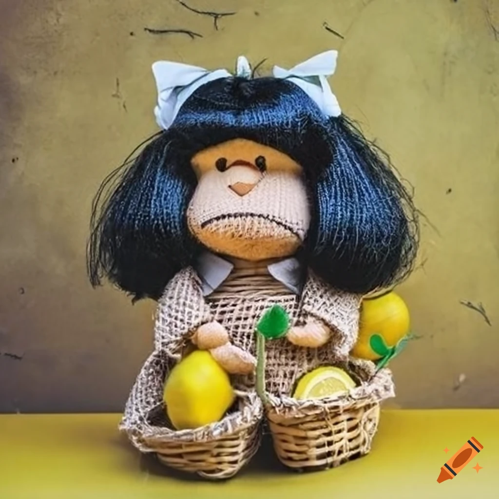 Mafalda natural burlap fabric muppet doll with flowers and lemon basket ...