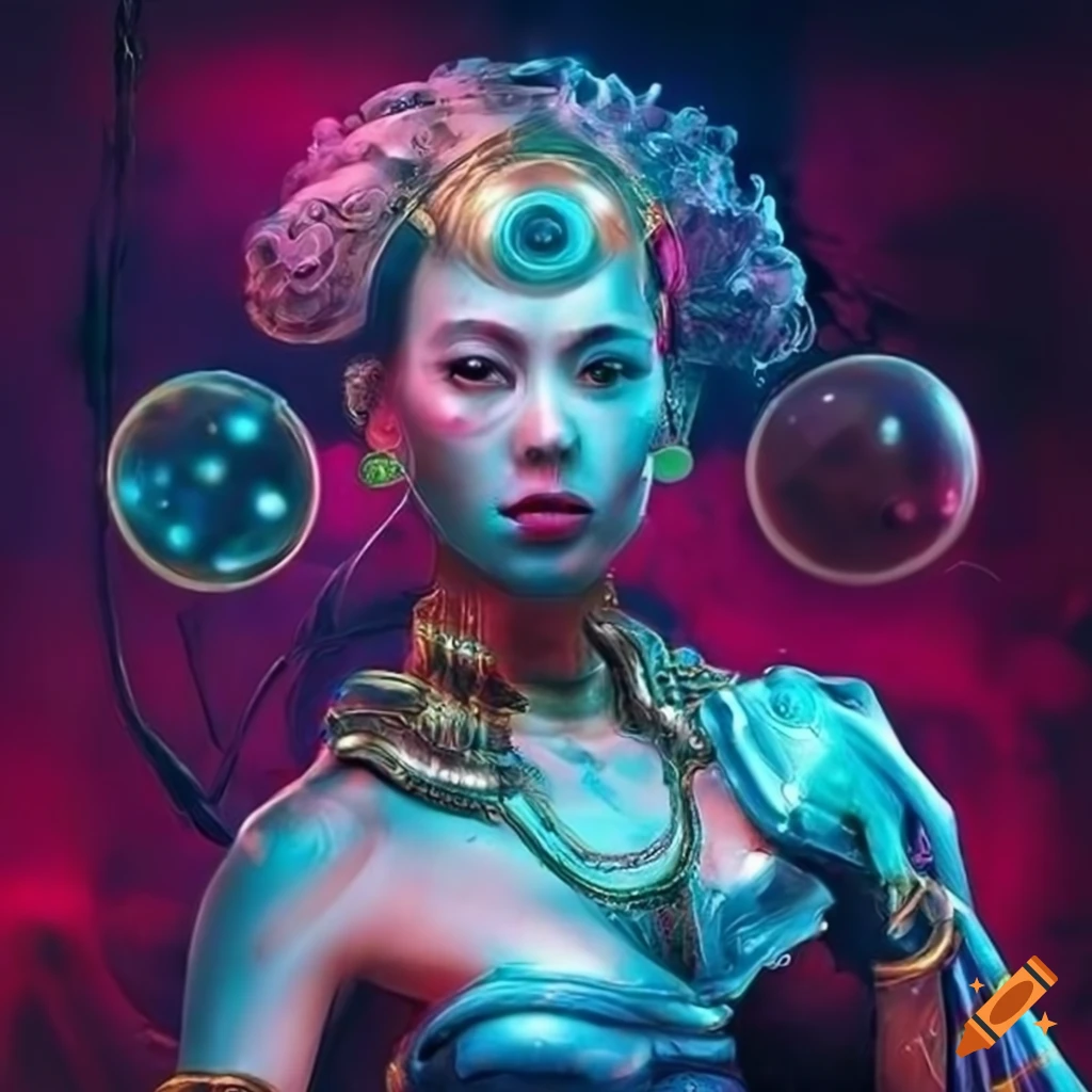 Female chinese egyptian goddess cyborg futuristic copper-plated in a ...