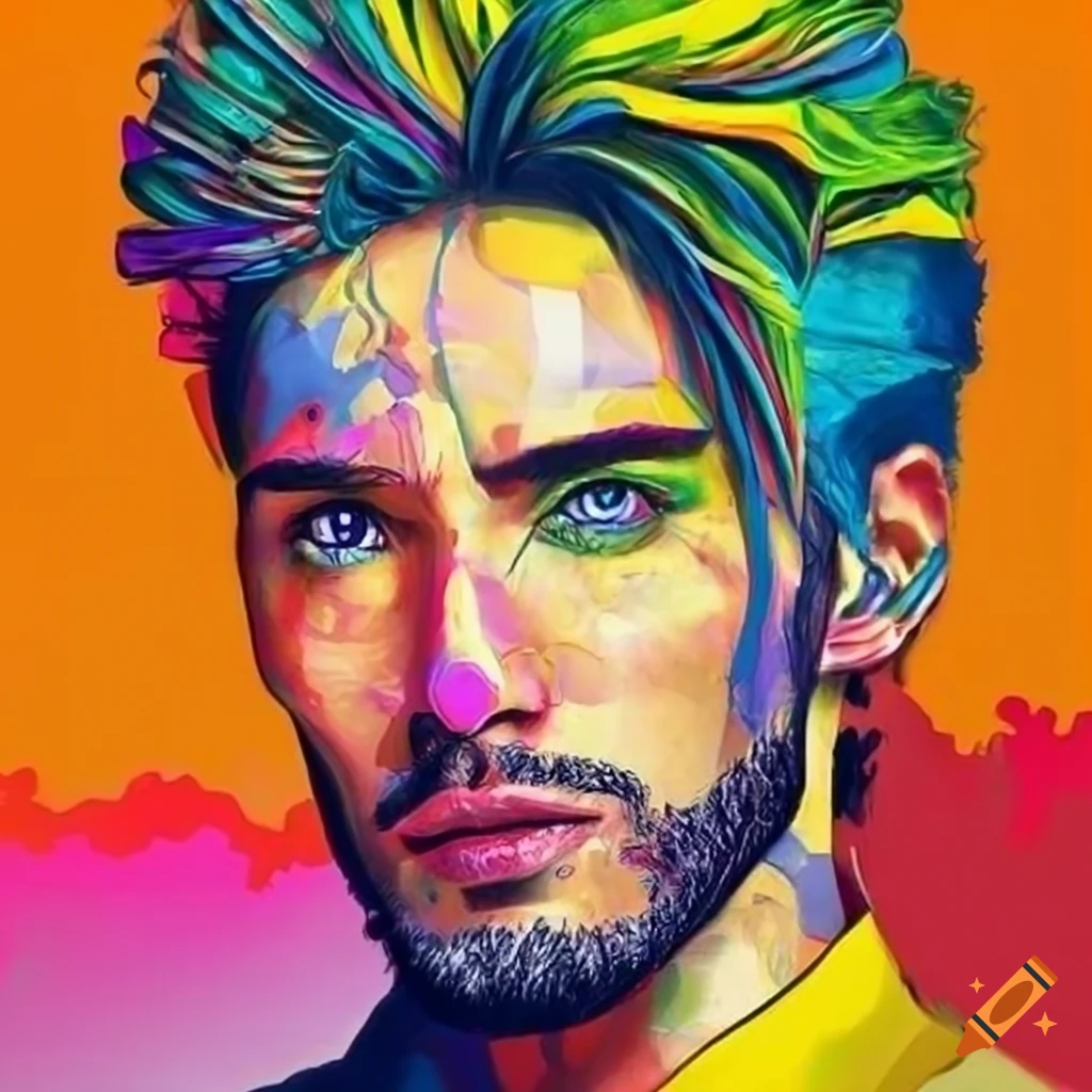 Colorful pop art banner with portraits of men on Craiyon