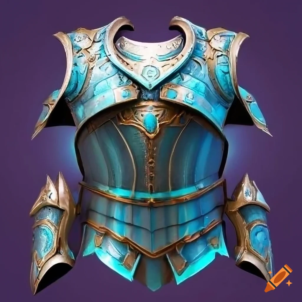 Close-up of decorative heavy body armor from the front view on Craiyon