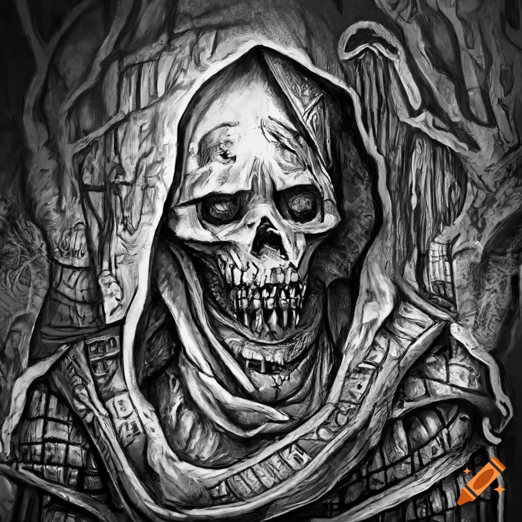 Medieval dungeon with undead creatures in black and white pencil ...