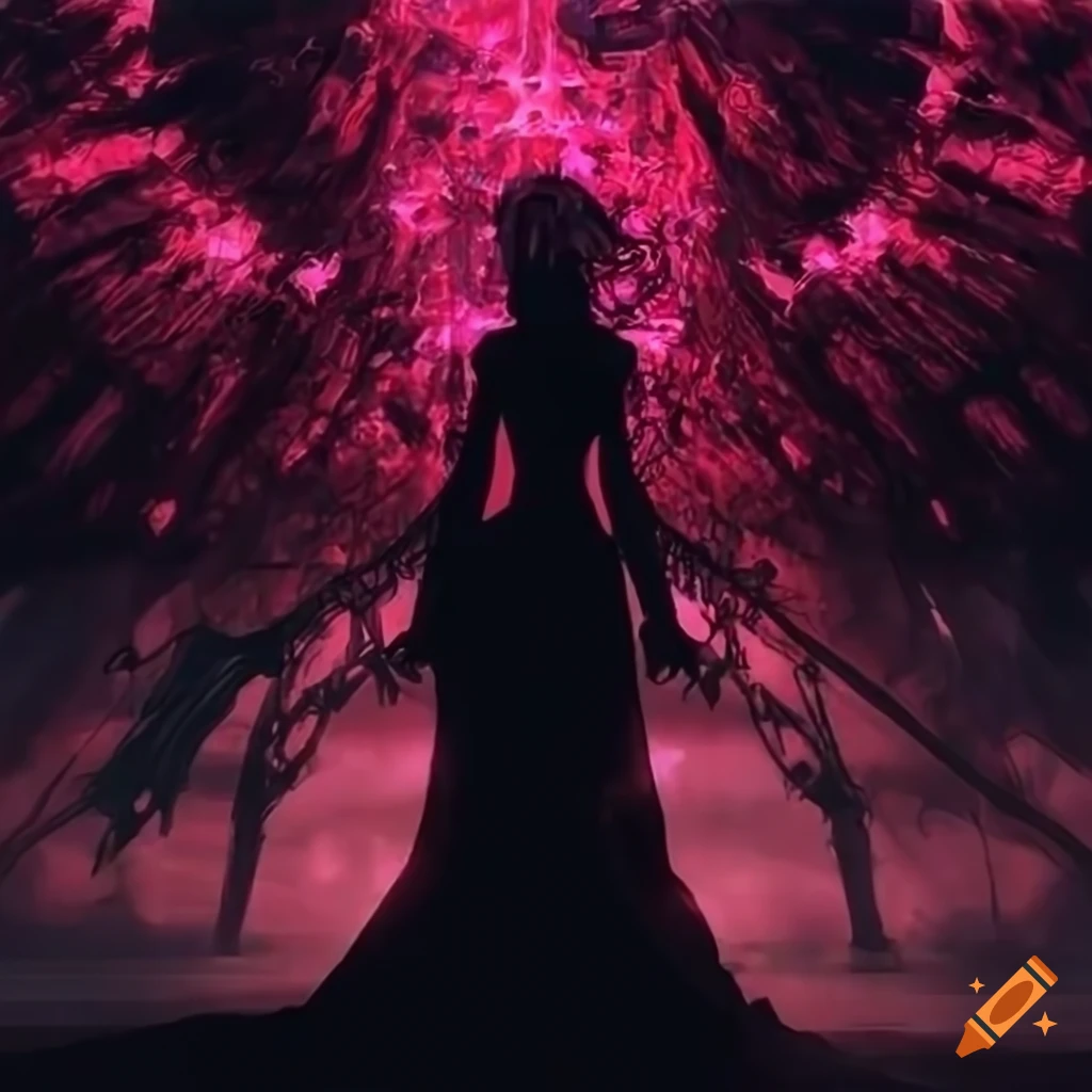 Apocalyptic anime scene with a goth woman in front of a massive arsenal ...