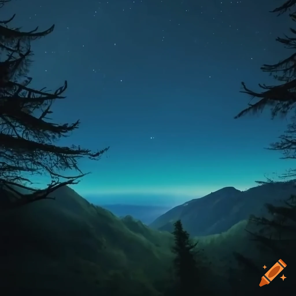 Stunning night view of hill range surrounded by lush forest on Craiyon