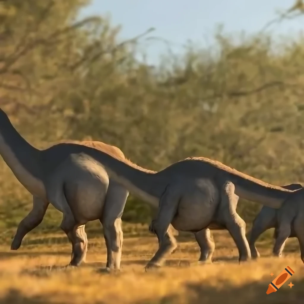 Three Hadrosaurs walking in a sunny clearing with fallen branches on Craiyon