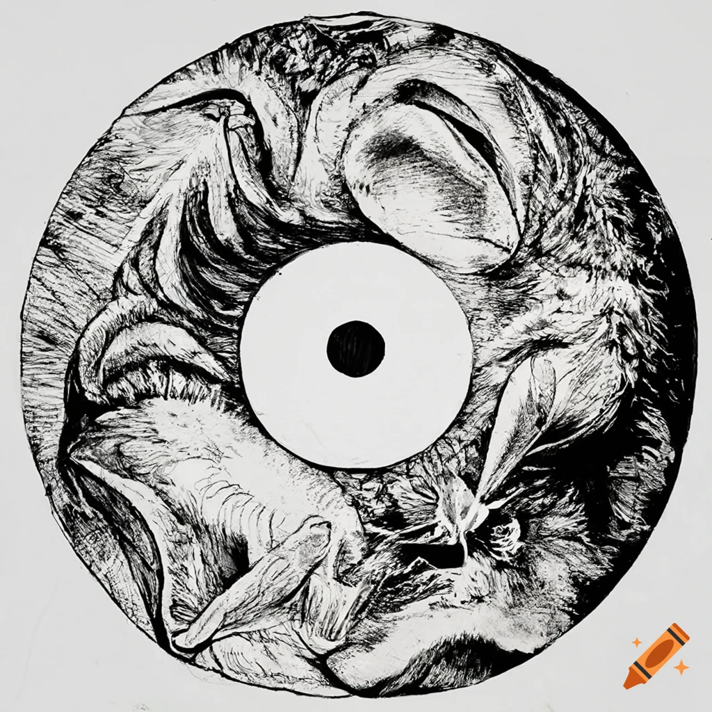 Leonardo da vinci-style sketch of white and black rabbits in a yin-yang ...