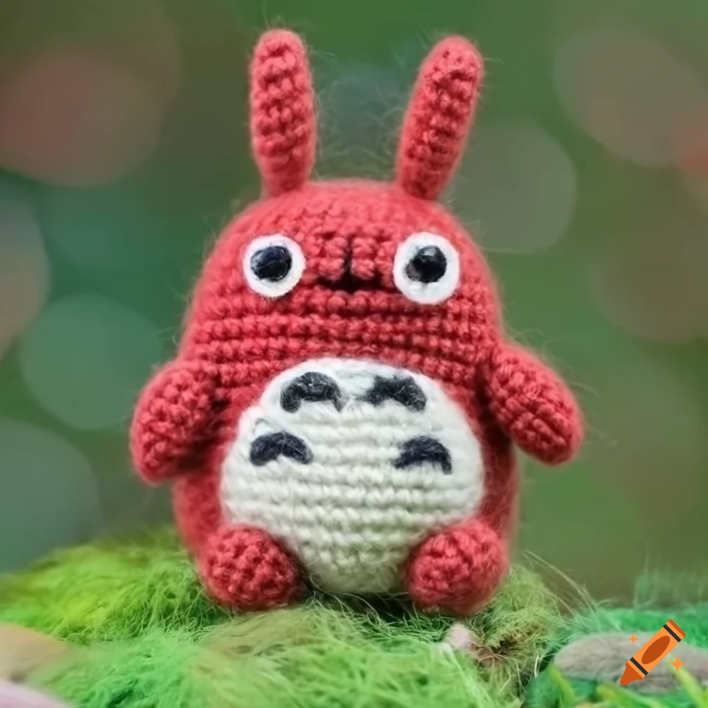 Felted Wool red Totoro soft toy in a garden landscape on Craiyon
