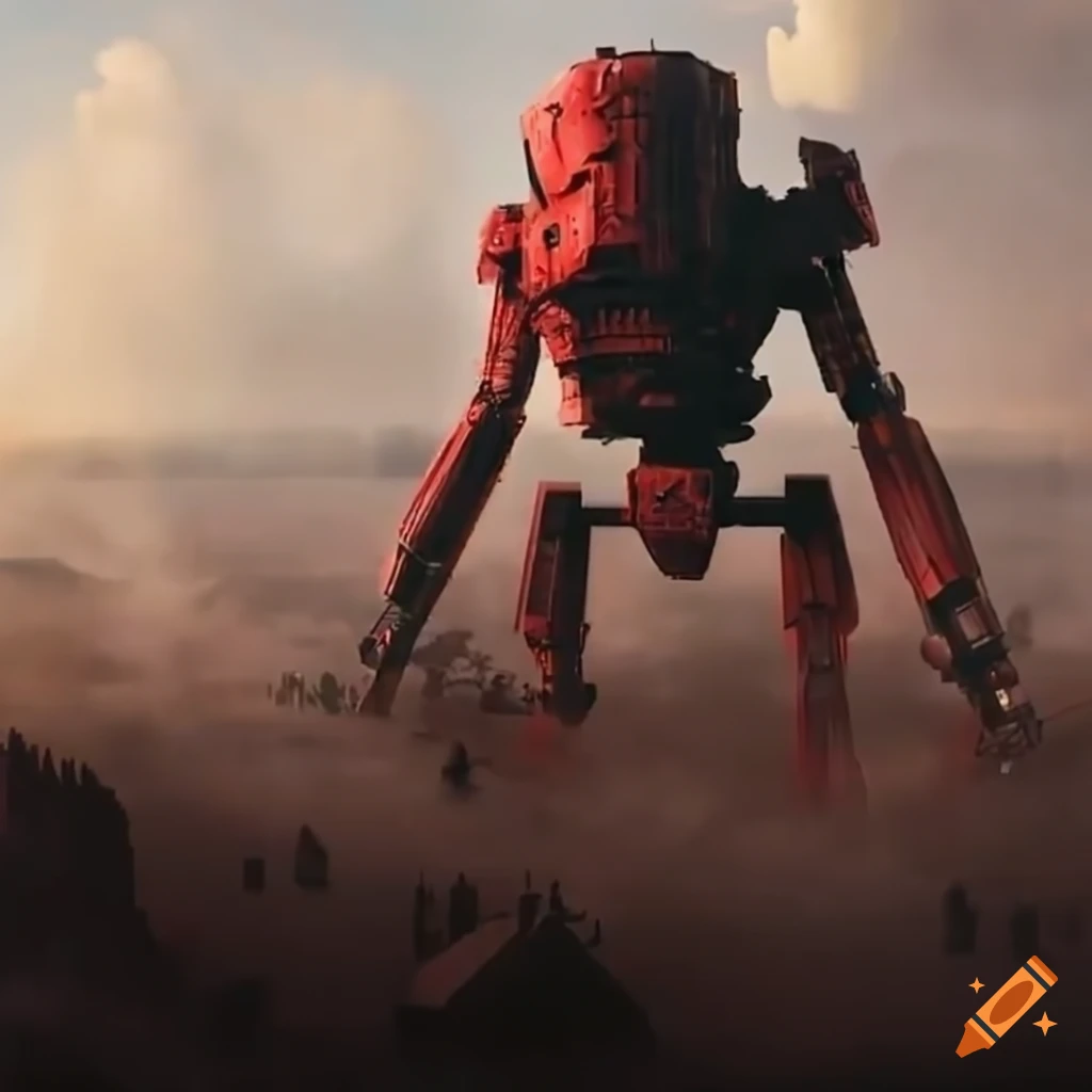 Colossal red and black mechs battling in Paris under sunny weather on ...