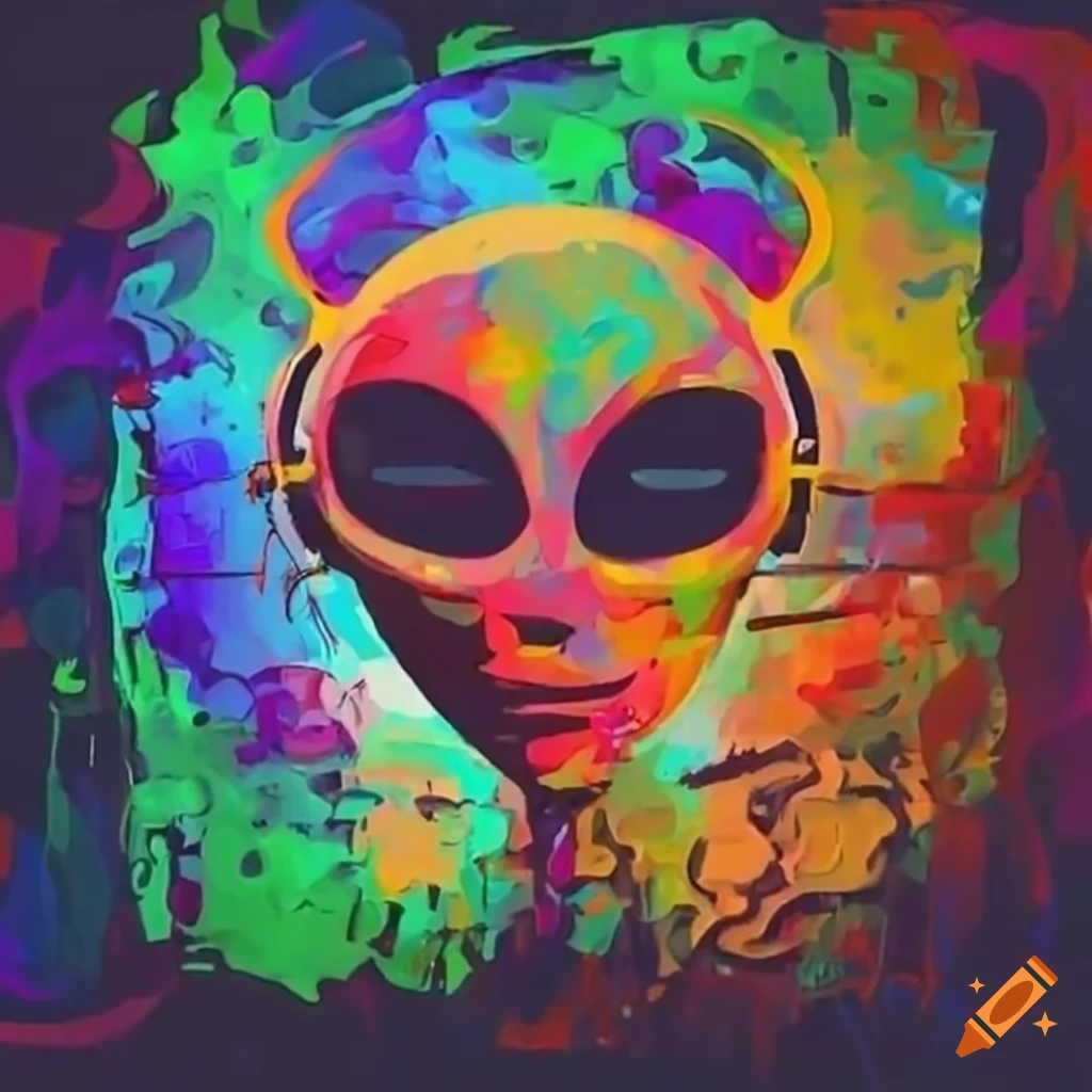 Vintage logo of aliens listening to music with headphones connected to ...