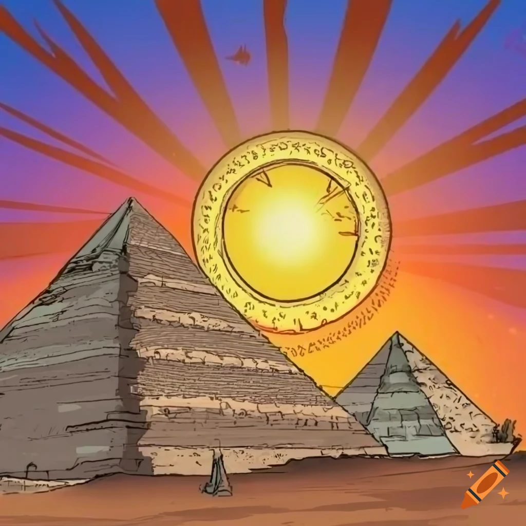 Ancient pyramids silhouetted in front of the sun in EC comic style on ...