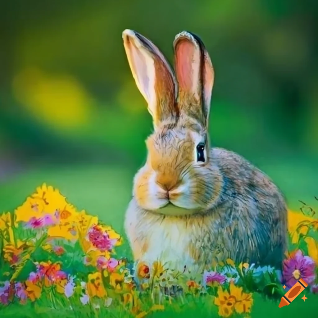Exquisitely drawn rabbit wearing an apron in a garden with flowers on ...