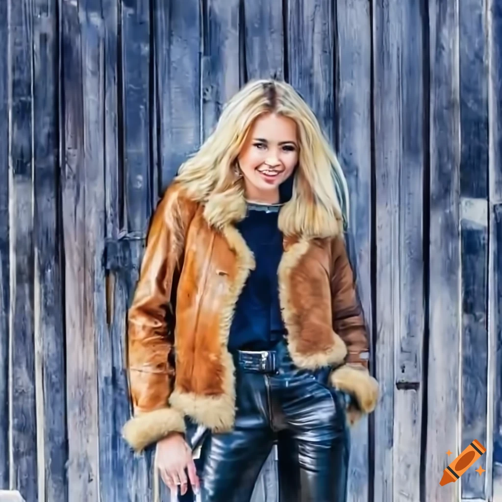 Blonde singer resembling Miley Cyrus in a brown sheepskin bomber jacket ...