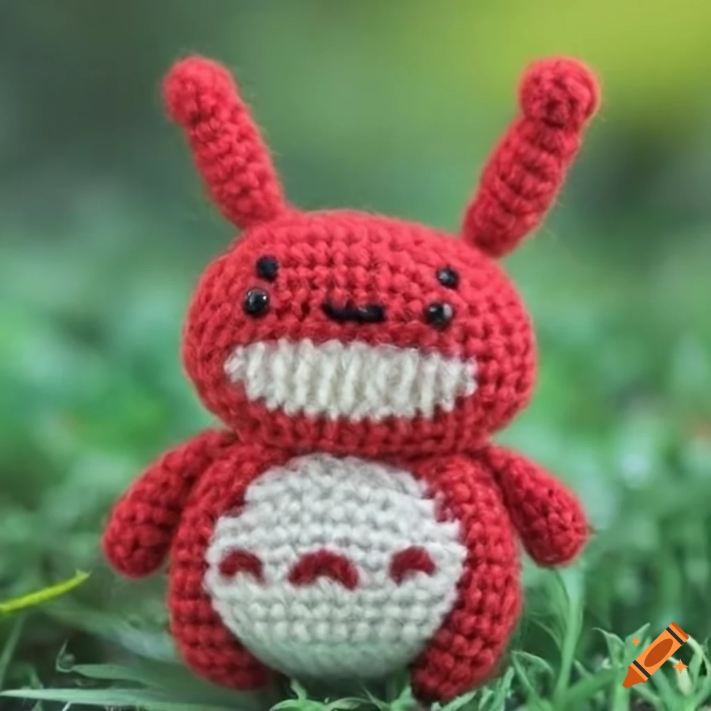 Cute red Totoro soft toy in a garden landscape on Craiyon